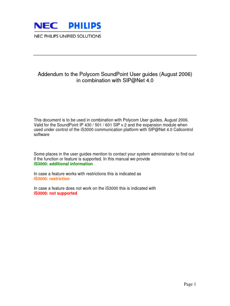 Addendum Is3000 To Polycom Userguides v3 | PDF | Session Initiation Protocol | Conference Call