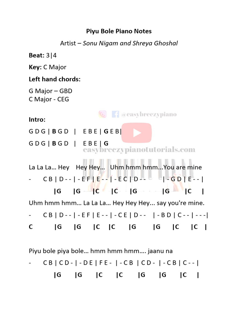 Piyu Bole Piano Notes | PDF