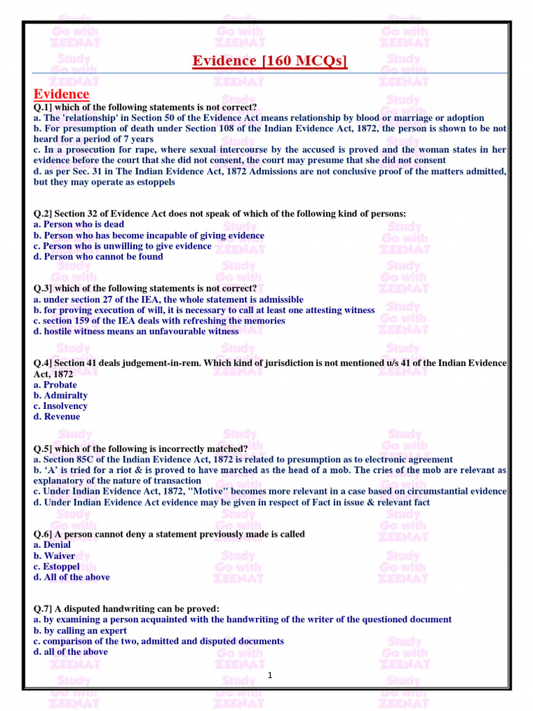 IEA 160 Question Test With Ans Key | PDF | Evidence (Law) | Hearsay