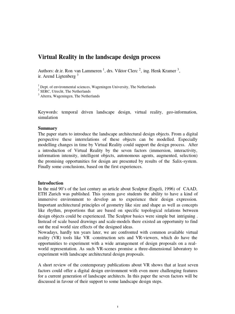 Virtual Reality in The Landscape Design Process-Wageningen University and Research 187048 | PDF ...