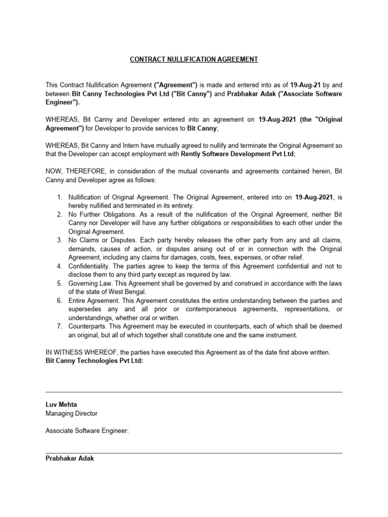 Bit Canny Contract Nullification Agreement | PDF