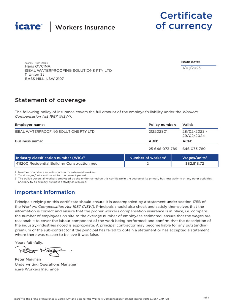 Certificate of Currency | PDF | Insurance | Employment