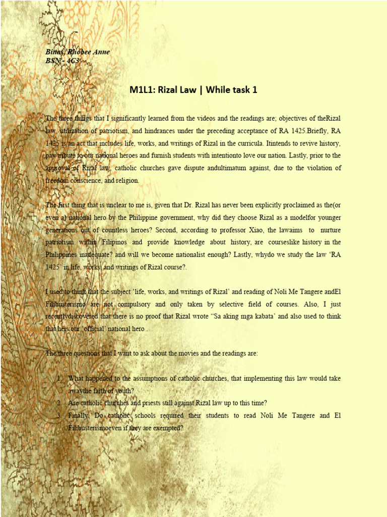 M1L1 - Rizal Law-While Task 1 | PDF | Philippines