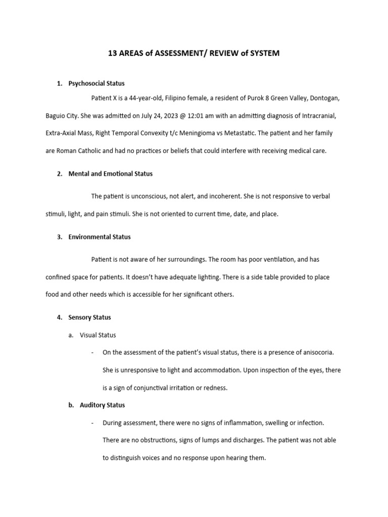 13 AREAS of ASSESSMENT | PDF | Senses | Clinical Medicine
