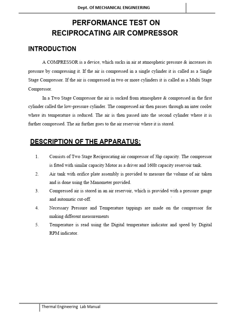 PERFORMANCE TEST ON Compressors | PDF | Pressure Measurement | Engines