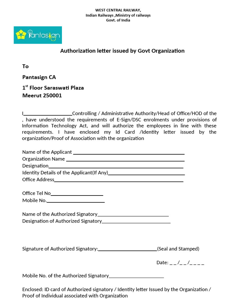 Authorization Letter Issued by Govt Organization To Pantasign CA 1 ...