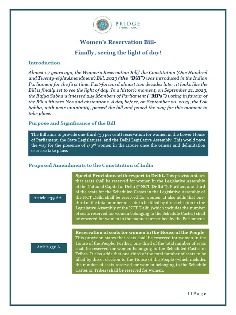 Women's Reservation Bill 2023 | PDF | Government Of India | Government Institutions