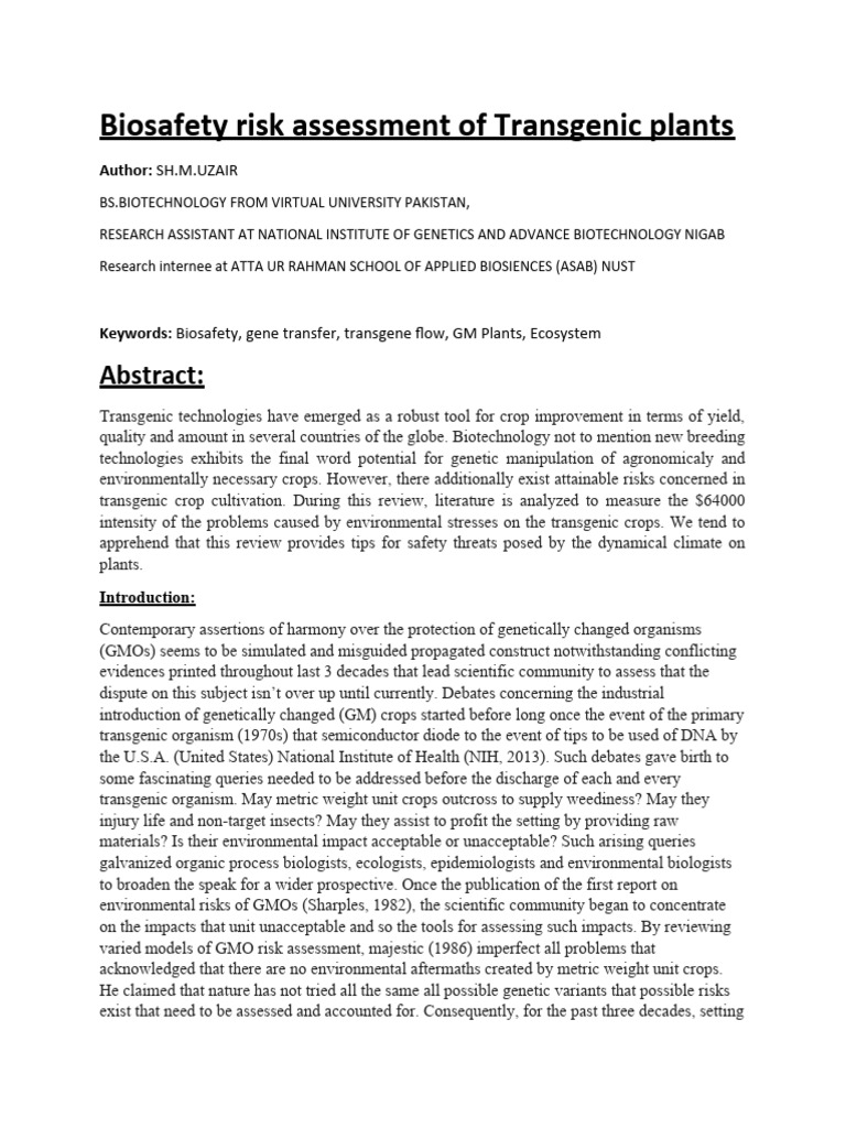 Biosafety Risk Assessment of Transgenic Plants | PDF | Genetically ...