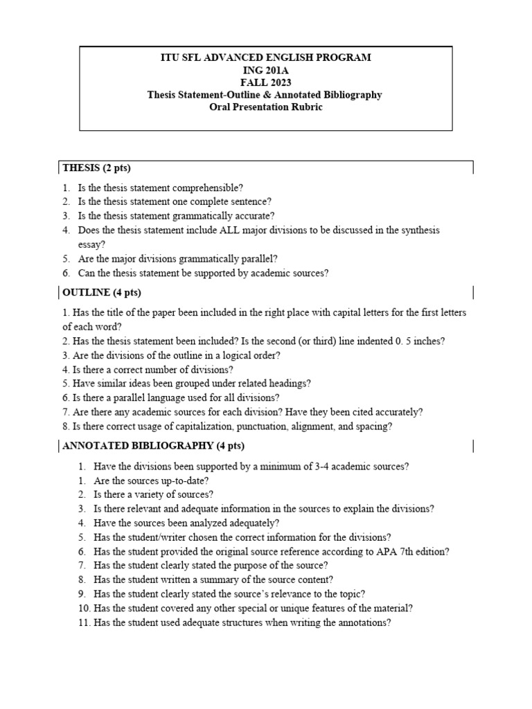 ING 201A Thesis Statement - Outline - Sources Oral Presentation Rubric ...