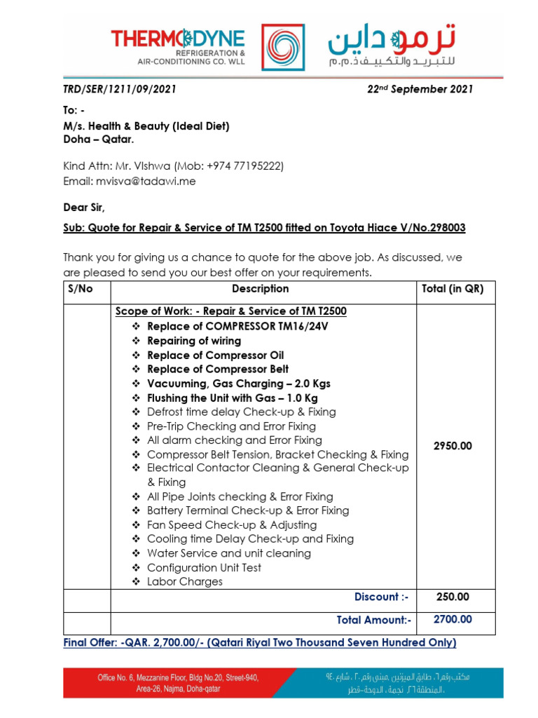 1211 Ideal Mart Quote For Repair & Service of TM T2500 Fitted On Toyota ...