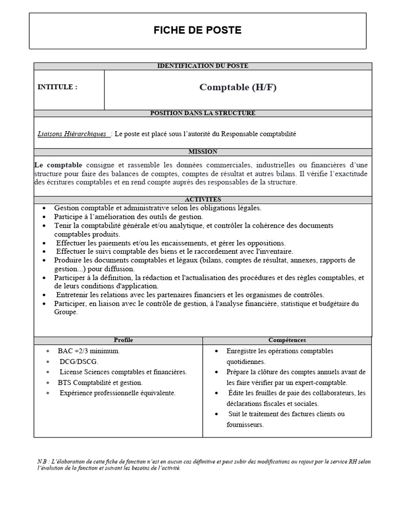 Fiche de Poste Comptable (HF) | PDF | Comptabilité | Business
