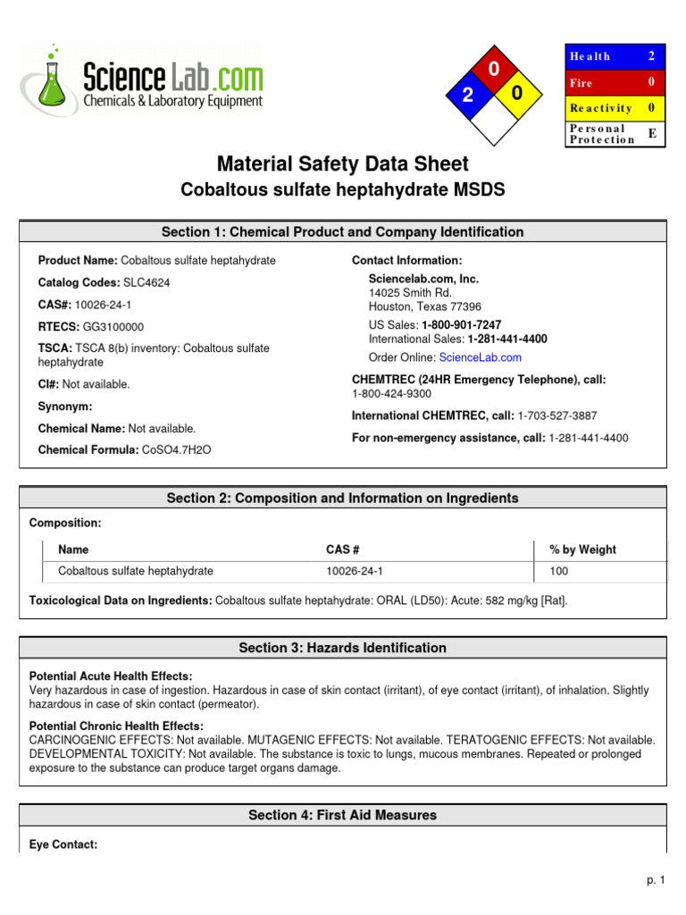 MSDS cobalt sulfate | PDF | Toxicity | Personal Protective Equipment