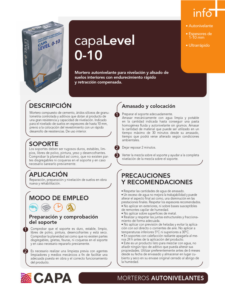 Mortero Autonivelante Capa Level MM KG 10388294 Techsheetsup | PDF ...