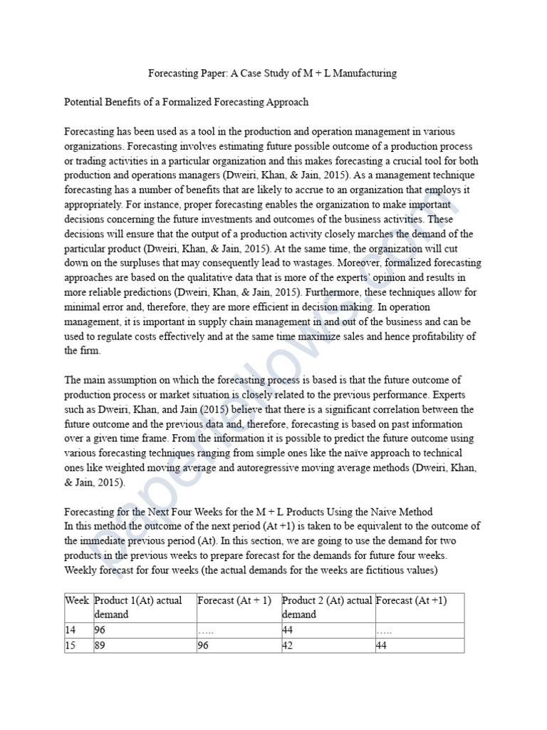 Forecasting Paper A Case Study of M L Manufacturing | PDF | Forecasting ...