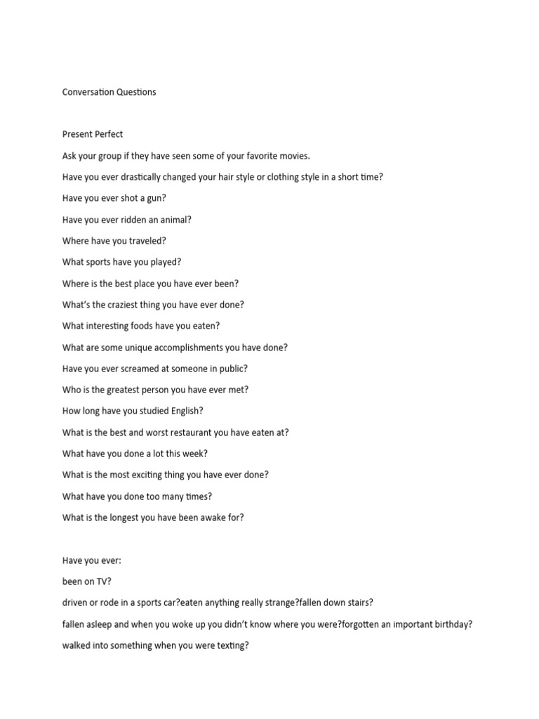 Present Perfect Conversation Starters | PDF