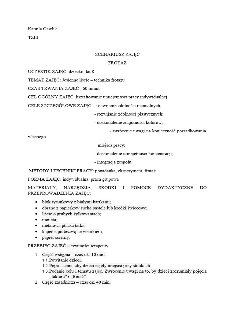 Terapia Zajęciowa Scenariusz Zajęć Frotaż | PDF
