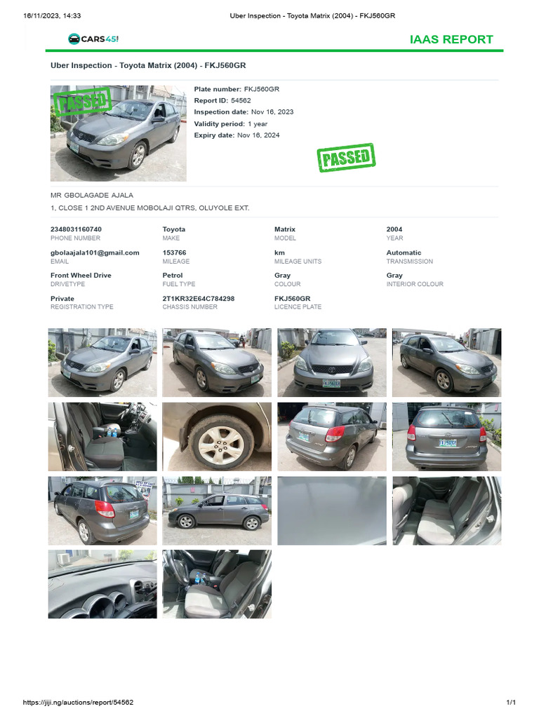 Uber Inspection - Toyota Matrix (2004) - FKJ560GR | PDF