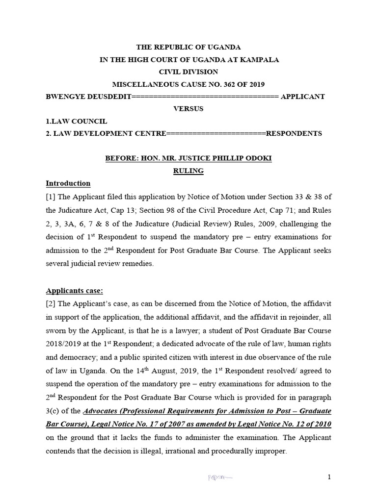 Ruling - Bwengye Deusdedit Versus Law Council and Another | PDF ...