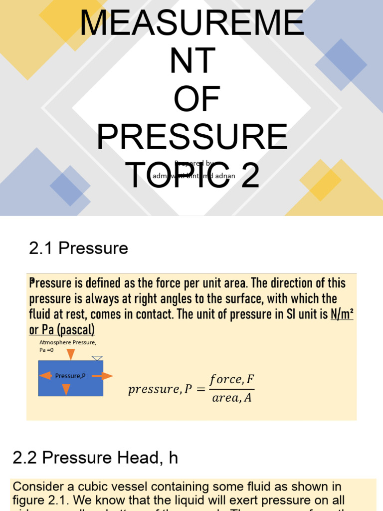 Topic 2 Measurement of Pressure | PDF | Pressure | Pressure Measurement