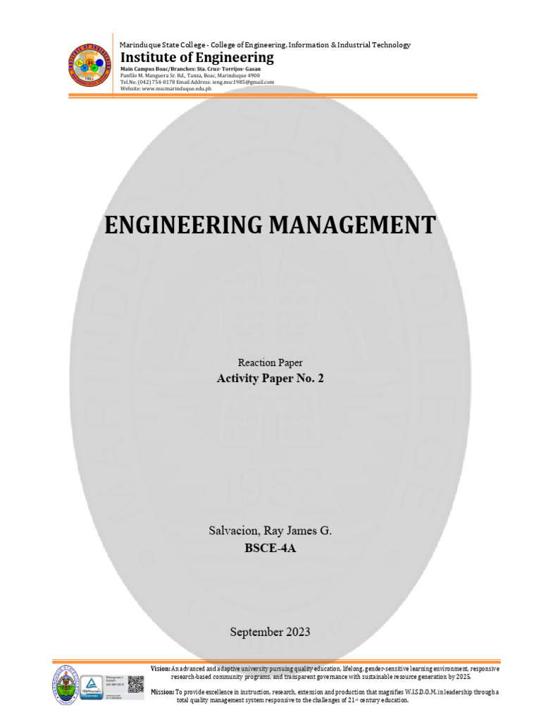 Activity No. 2 - Engineering Management - Ray James G. Salvacion - BSCE-4A | PDF ...