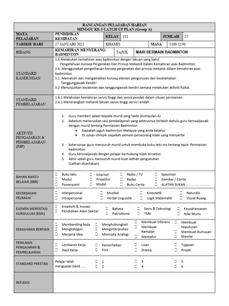 RPH PJK T1S1 M3 CATCH UP PLAN 2 2022 Badminton 27.1.2022 | PDF