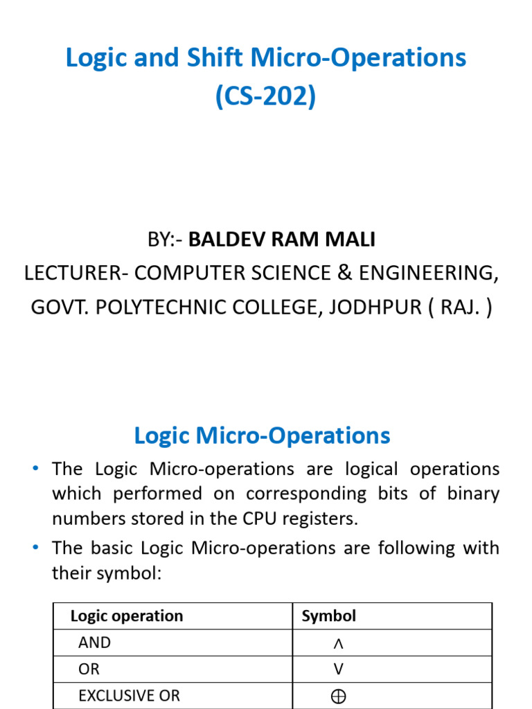 CS-202 Logic and Shift Micro-Operations B R MALI GPC JODHPUR | PDF ...