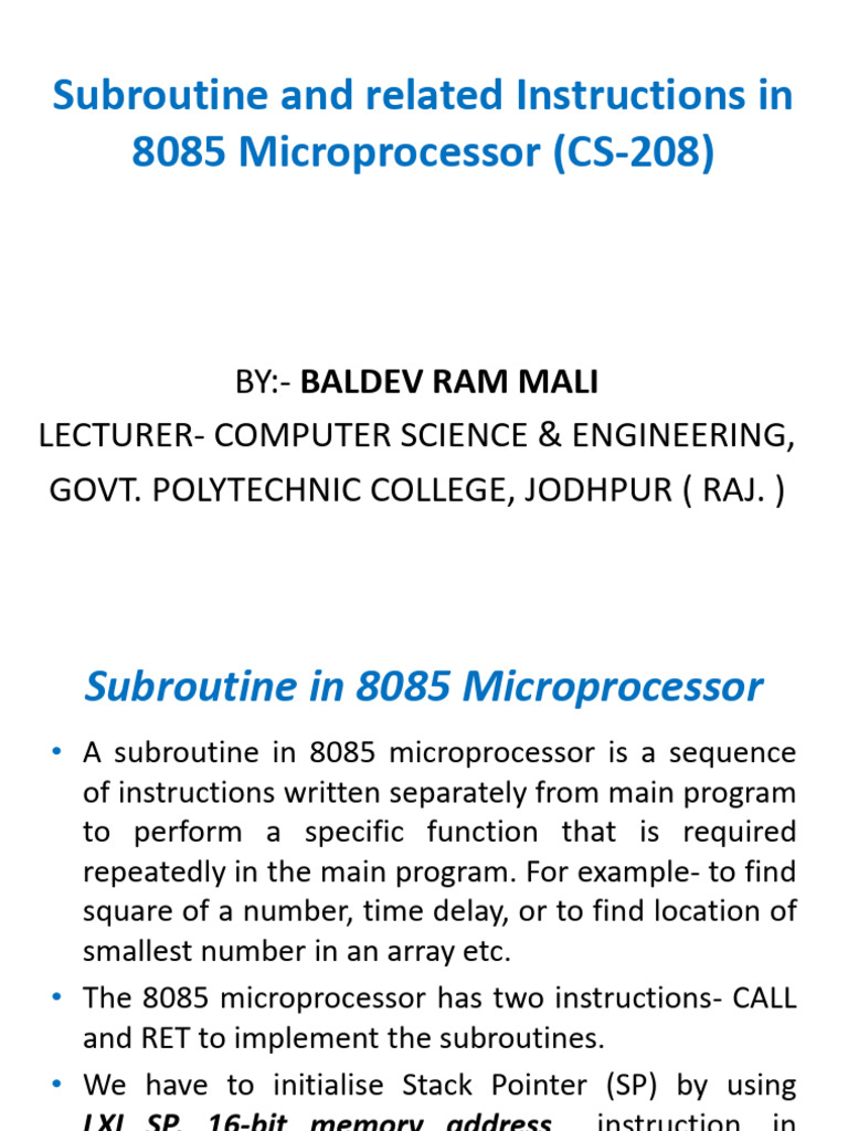 CS-208 Subroutine and Related Instructions in 8085 Microprocessor by B ...