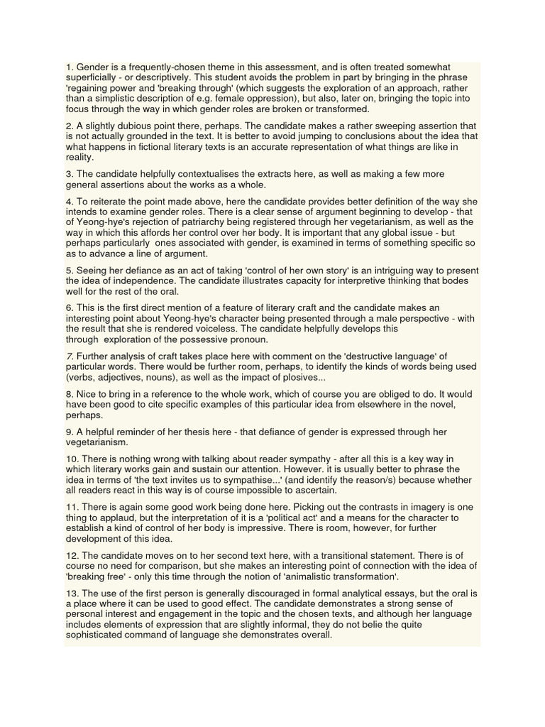 EXAMINER FEEDBACK FOR SAMPLE Lit Io | PDF | Word | Gender