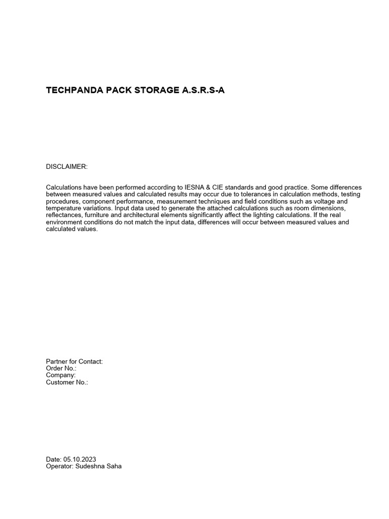 Techpanda Pack Storage ASRS-A Lighting Design Report | PDF | Lighting | Metrology