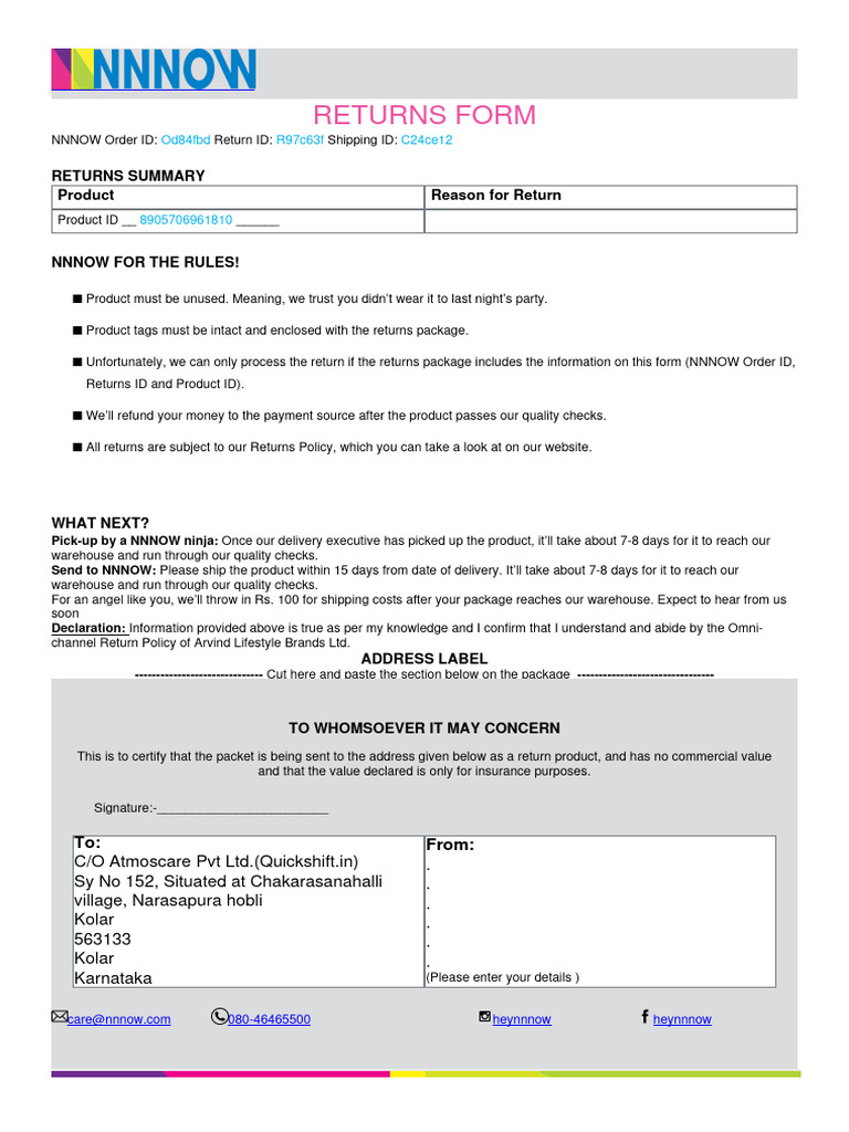 Returns Form: Returns Summary Product Reason For Return | PDF ...