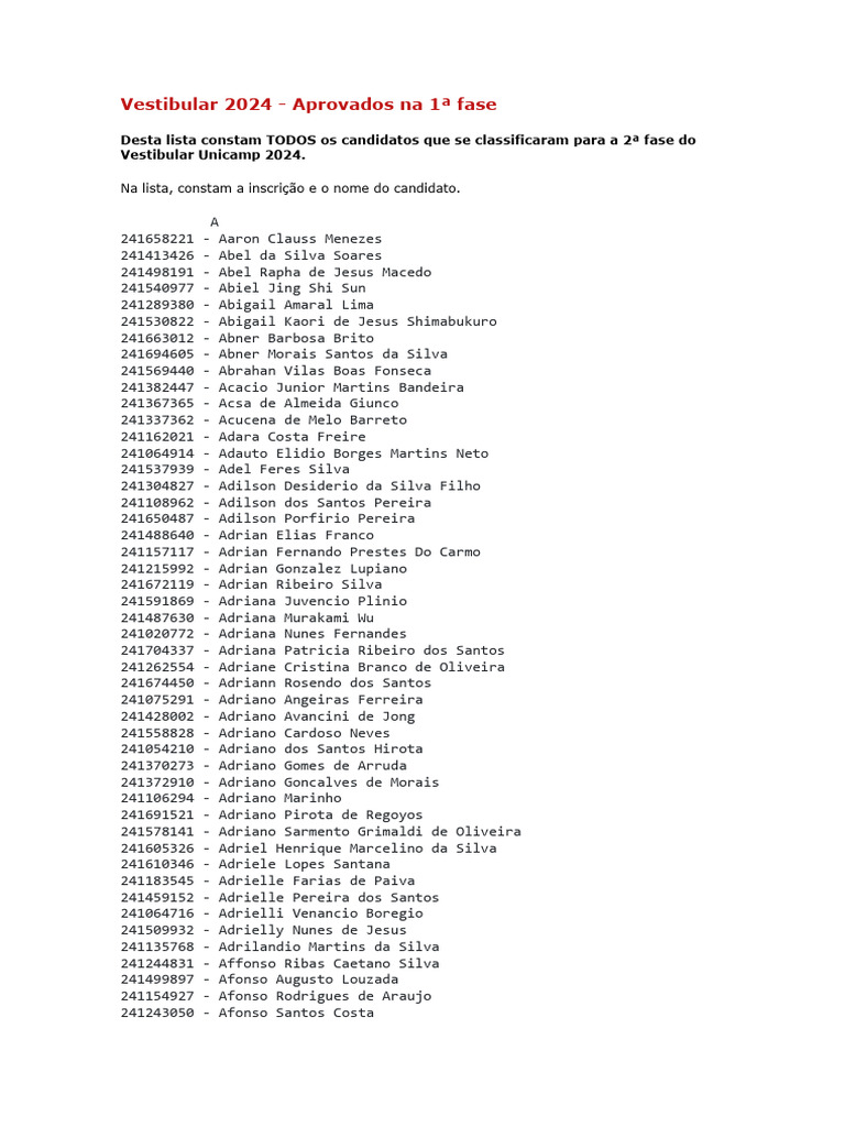 Aprovados Unicamp 2024 - 1 Fase | PDF