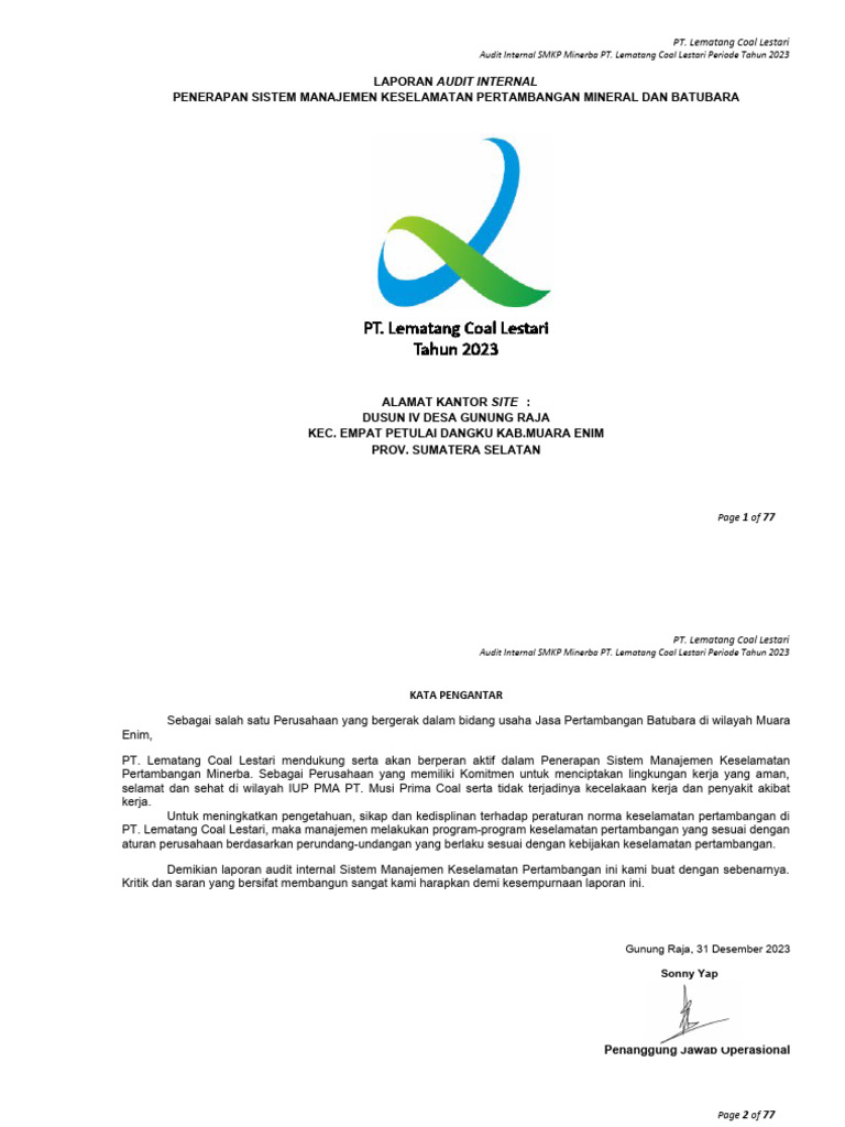 2023-Fix LAPORAN AUDIT INTERNAL SMKP PT LCL | PDF