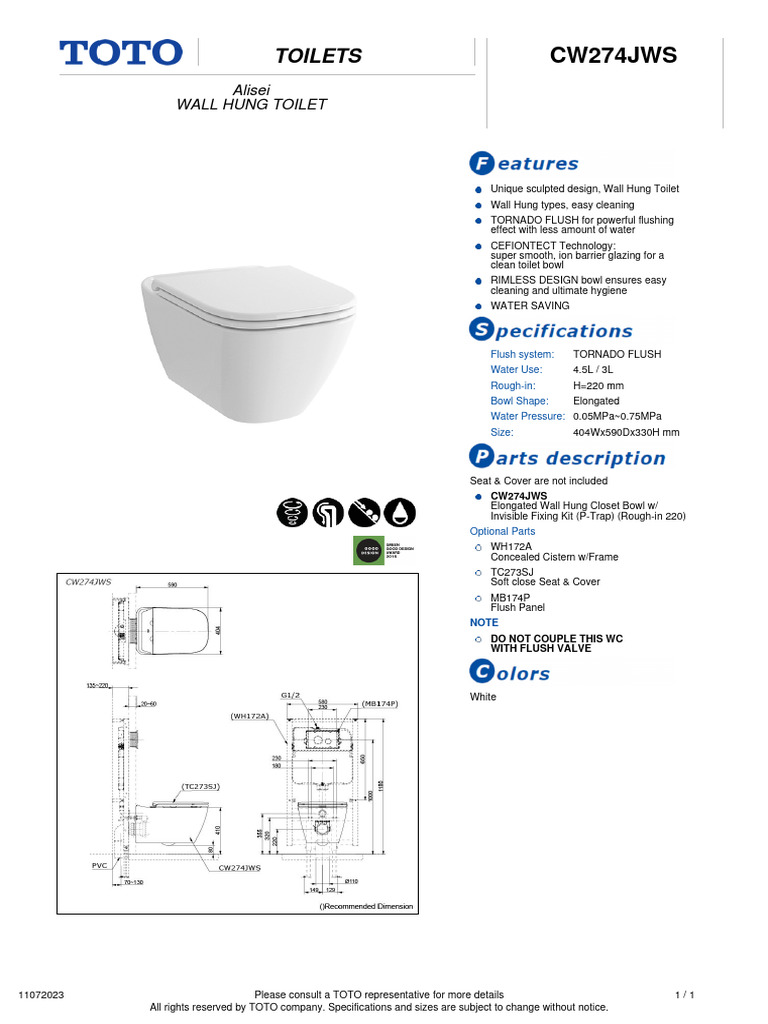 TOTO CW274JWS Wall Hung Toilet Specs | PDF | Sanitation | Plumbing