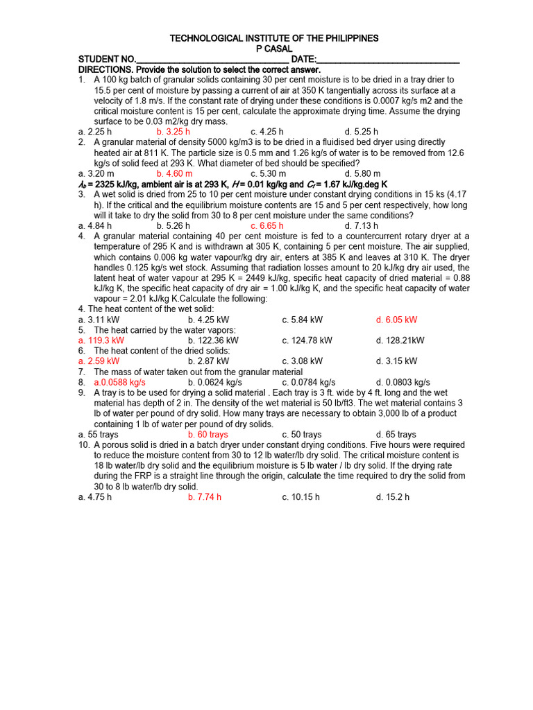 Drying Competency Exam 2011 2012 | PDF | Water | Heat Capacity