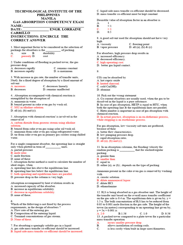 Gas Absorption Competency Exam 2013 2014 Pdf Mechanical Engineering