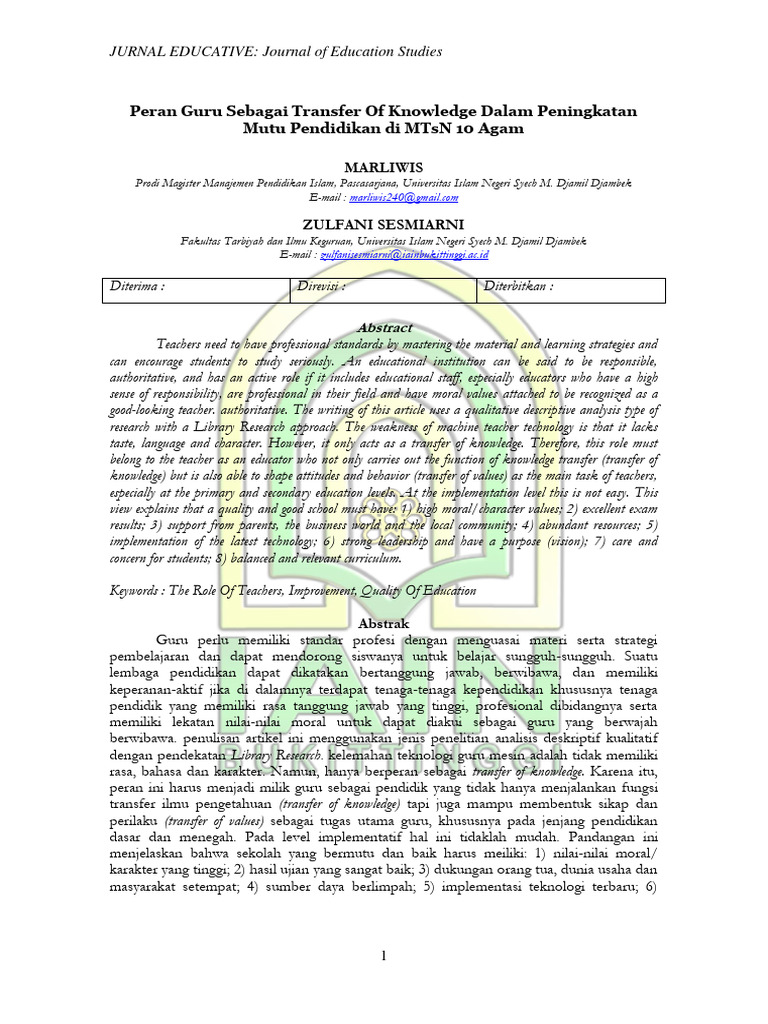 Peran Guru Sebagai Transfer of Knowledge Dalam Peningkatan Mutu Pendidikan Di MTSN 10 Agam | PDF ...