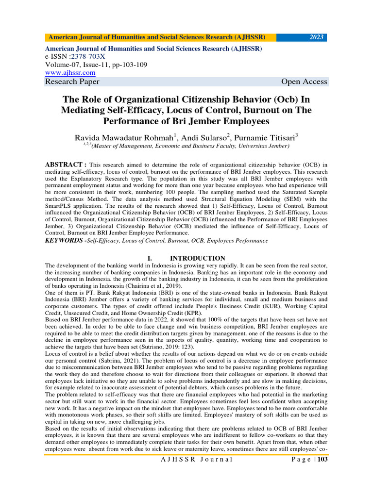 The Role of Organizational Citizenship Behavior (Ocb) in Mediating Self-Efficacy, Locus of ...