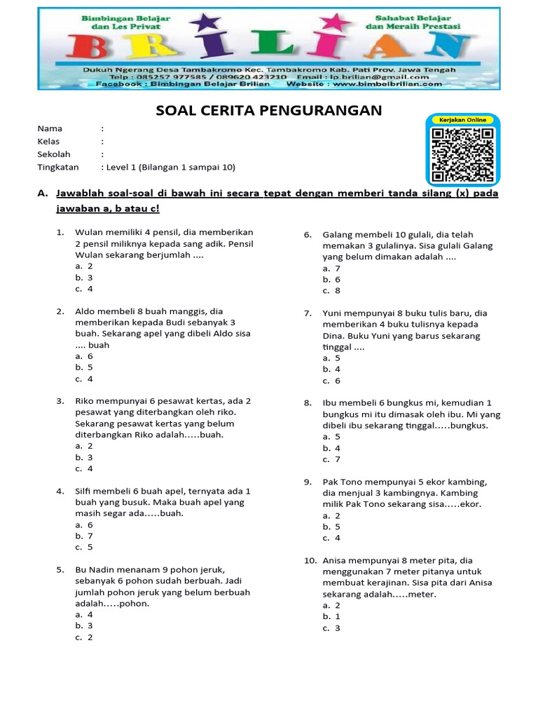 Soal Cerita Pengurangan Kelas 1 SD Level 1 Bilangan 1 Sampai 10 | PDF