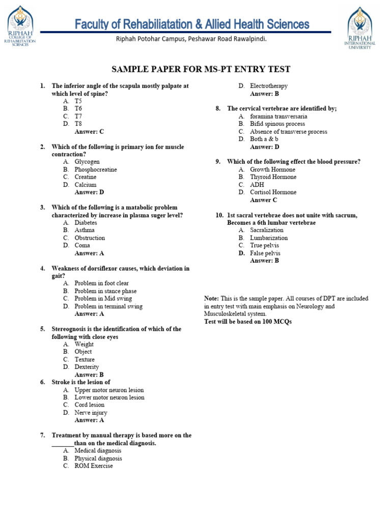 MS PT Sample Paper 1 | PDF | Vertebra | Vertebral Column