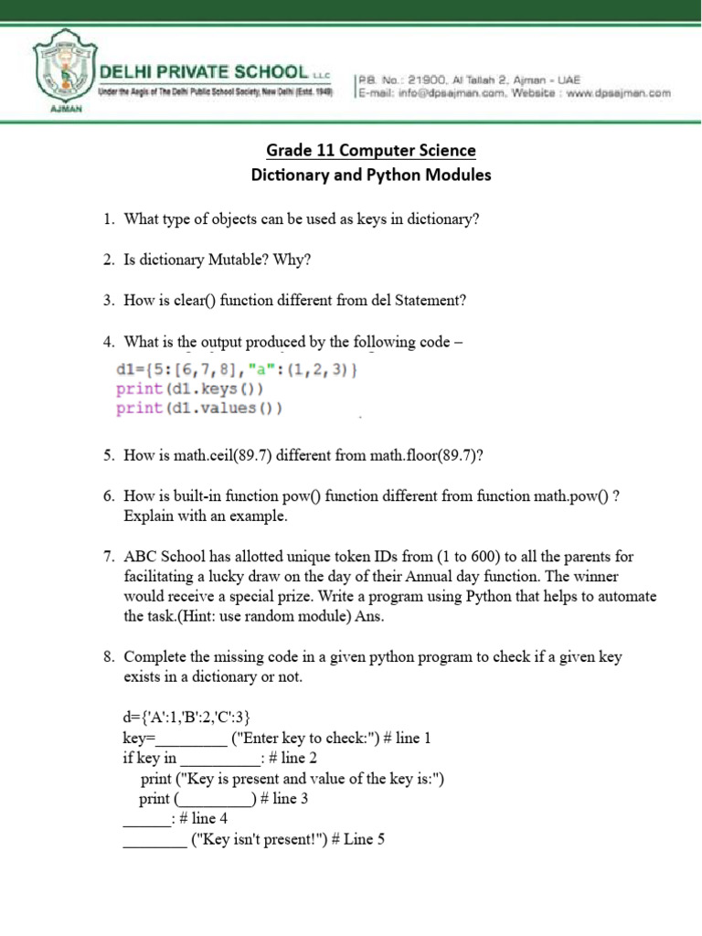 GR 11 CS Assignment 8 (Dictionary and Python Modules) | PDF