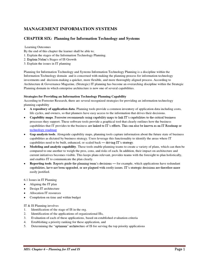 MIS Chapter 6 - Planning For Information Technology and Systems | PDF | Systems Science | Computing