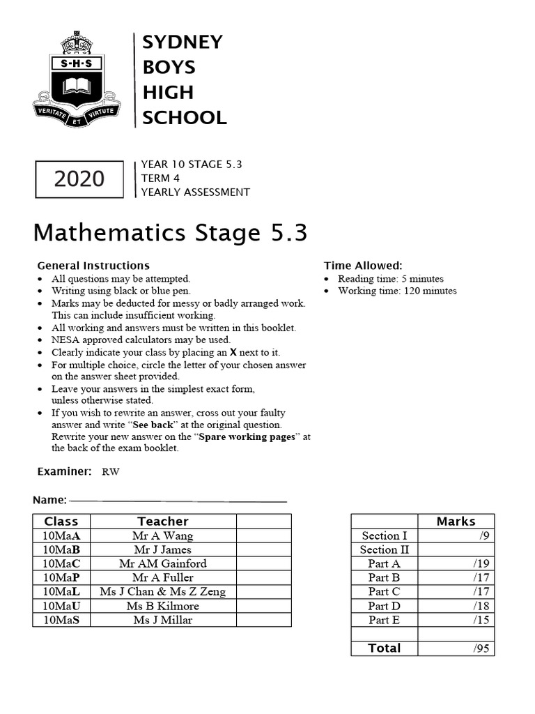 Sydney Boys 2020 Year 10 Maths Yearly & Solutions | PDF | Sphere ...