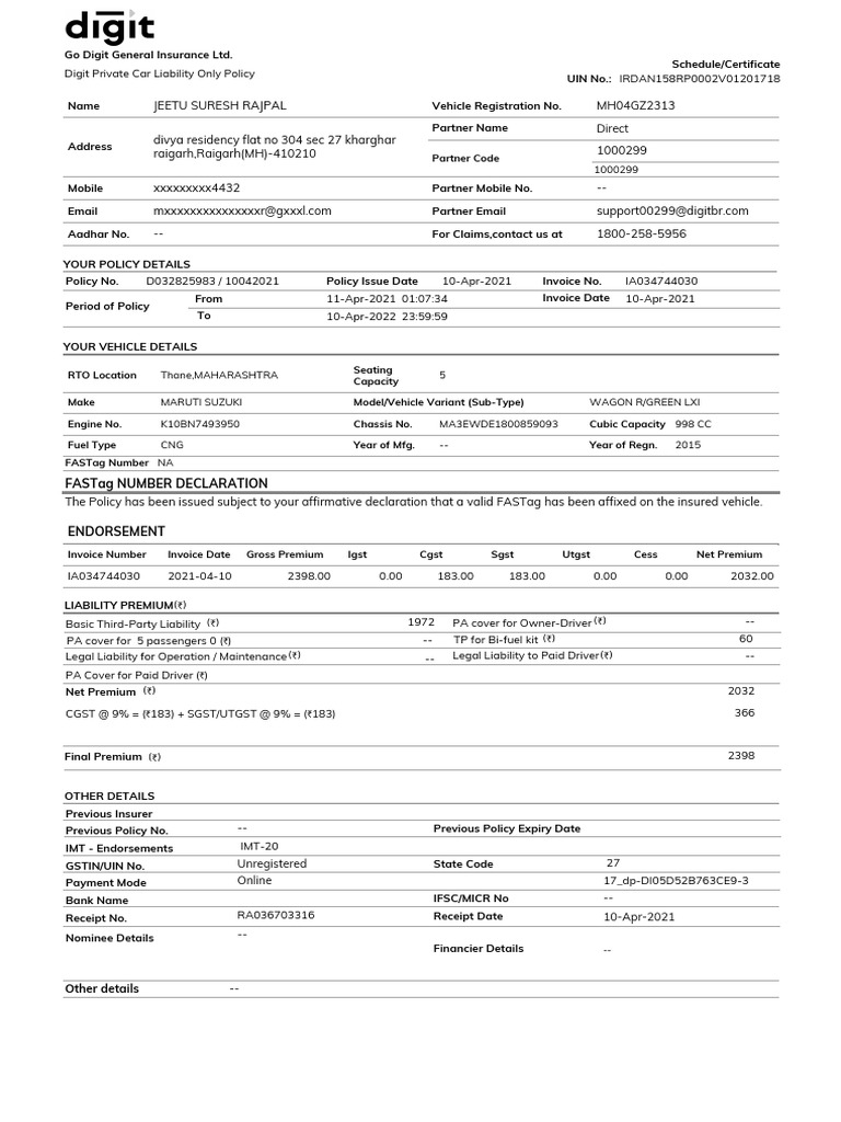 Jeetu R | PDF | Driver's License | Insurance