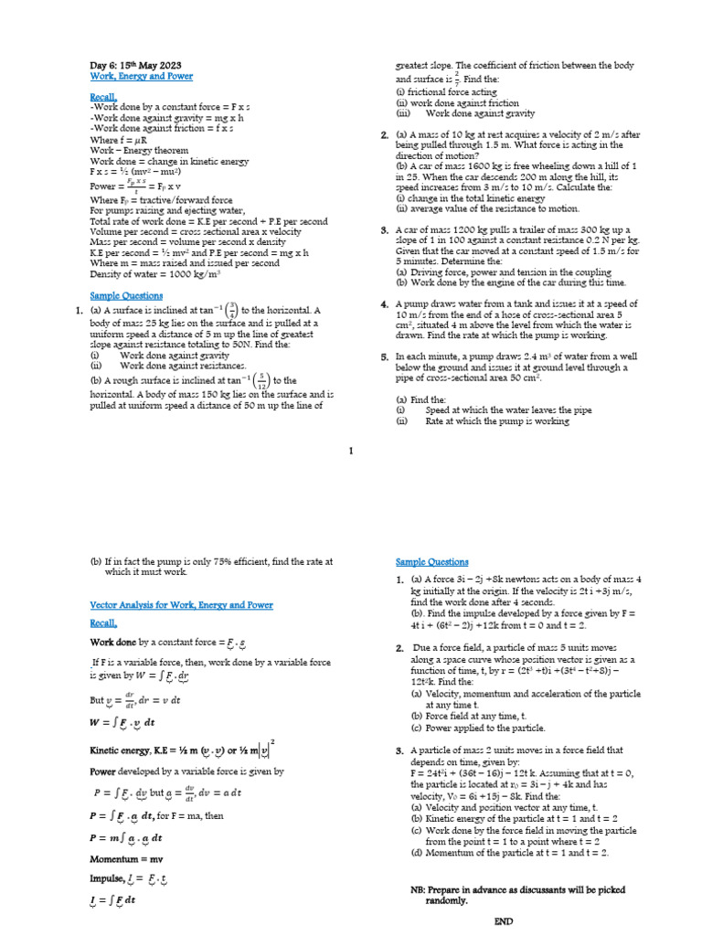 s.6 Math 2 Holiday Work Day 6 2023 | PDF | Force | Friction