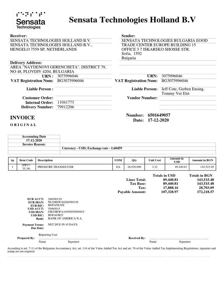 Sensata Technologies Holland B.V: Invoice | PDF | Invoice | Value Added Tax