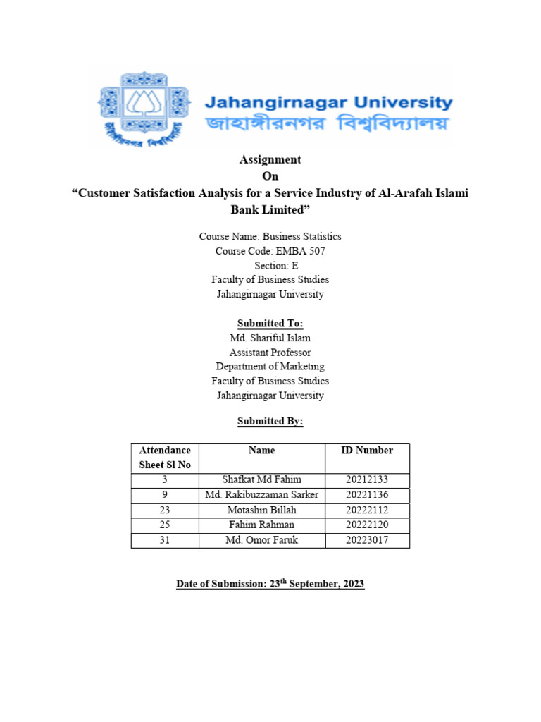 Customer Satisfaction Analysis For A Service Industry of Al-Arafah Islami Bank Limited | PDF ...
