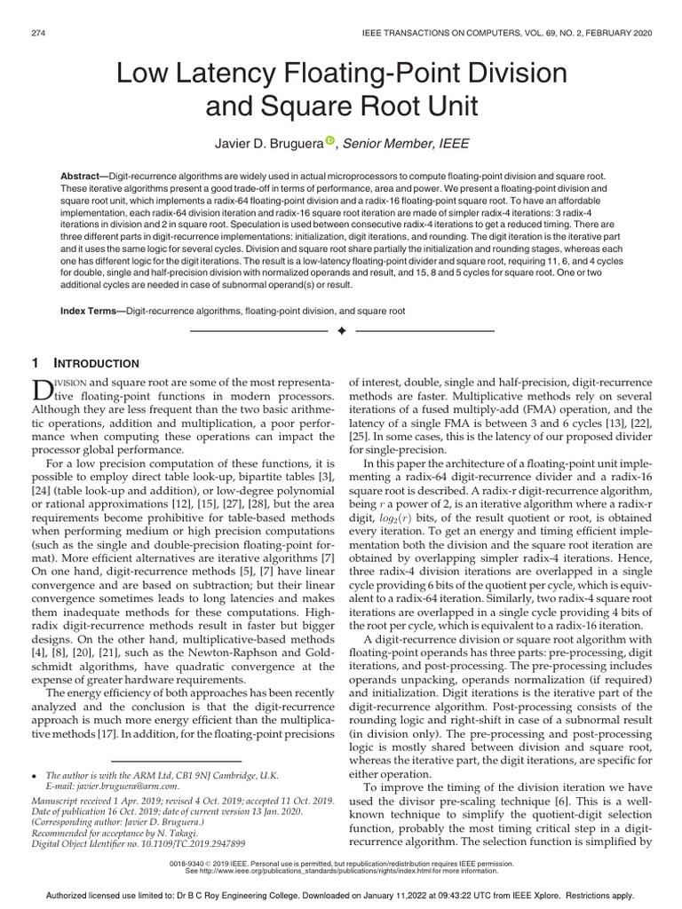 Low Latency Floating-Point Division and Square Root Unit | PDF | Square Root | Computing