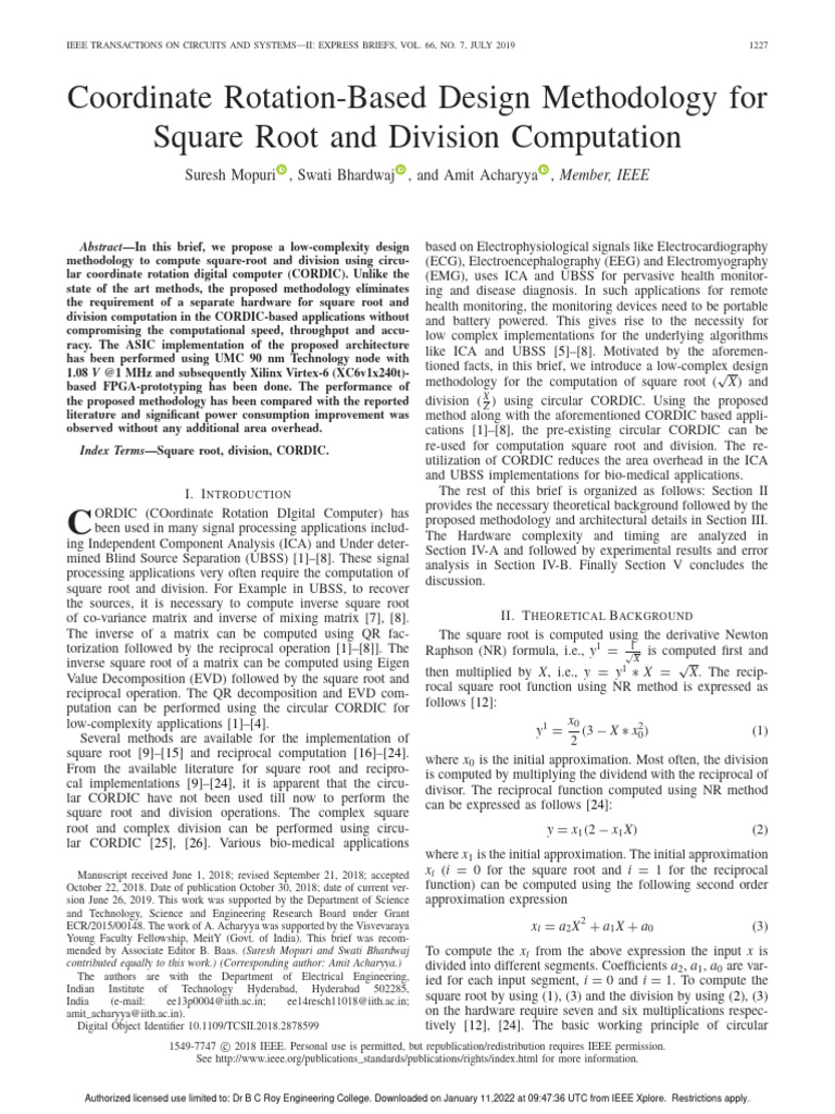Coordinate Rotation-Based Design Methodology For Square Root and Division Computation | PDF ...