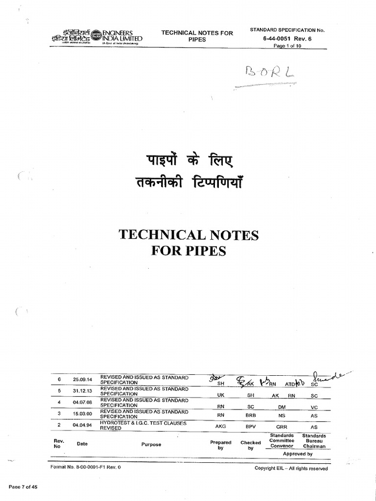 EIL Spec - Tech.notes - For Pipes. | PDF