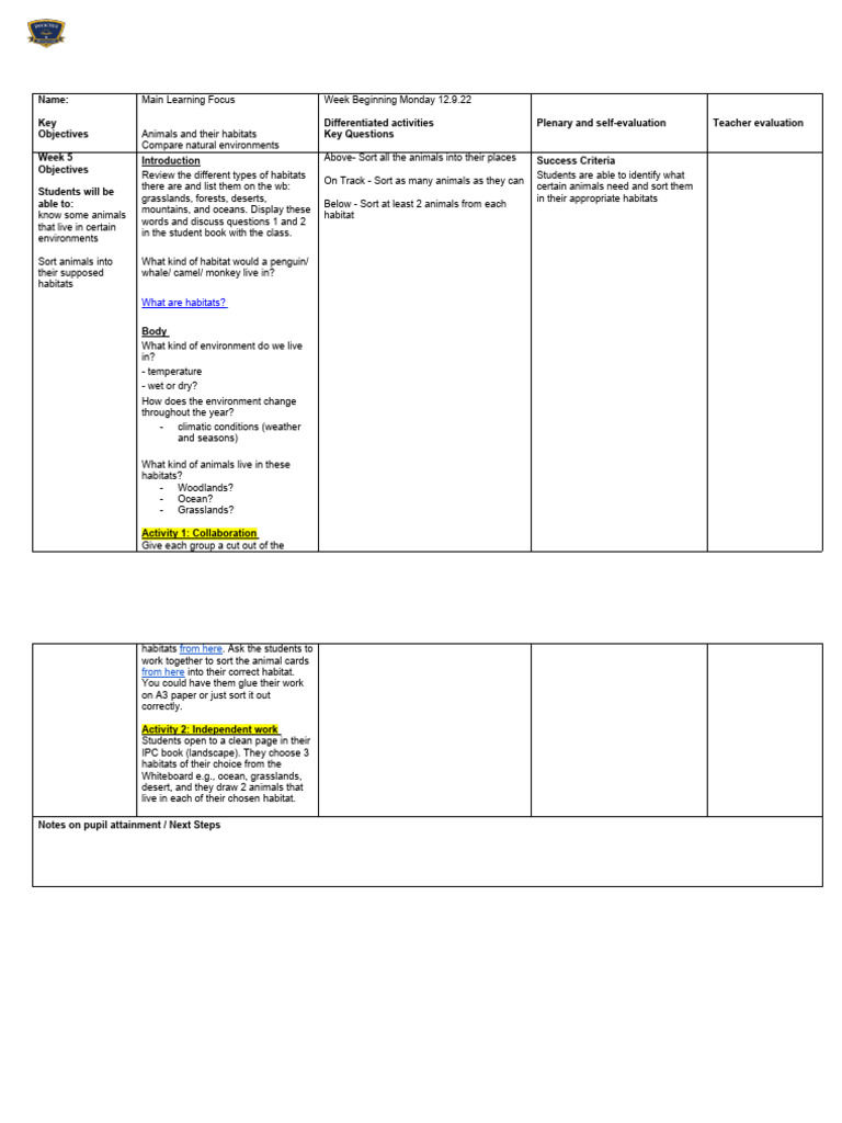 Grade1 Science Plan Week 5 (1) | PDF | Habitat | Natural Environment